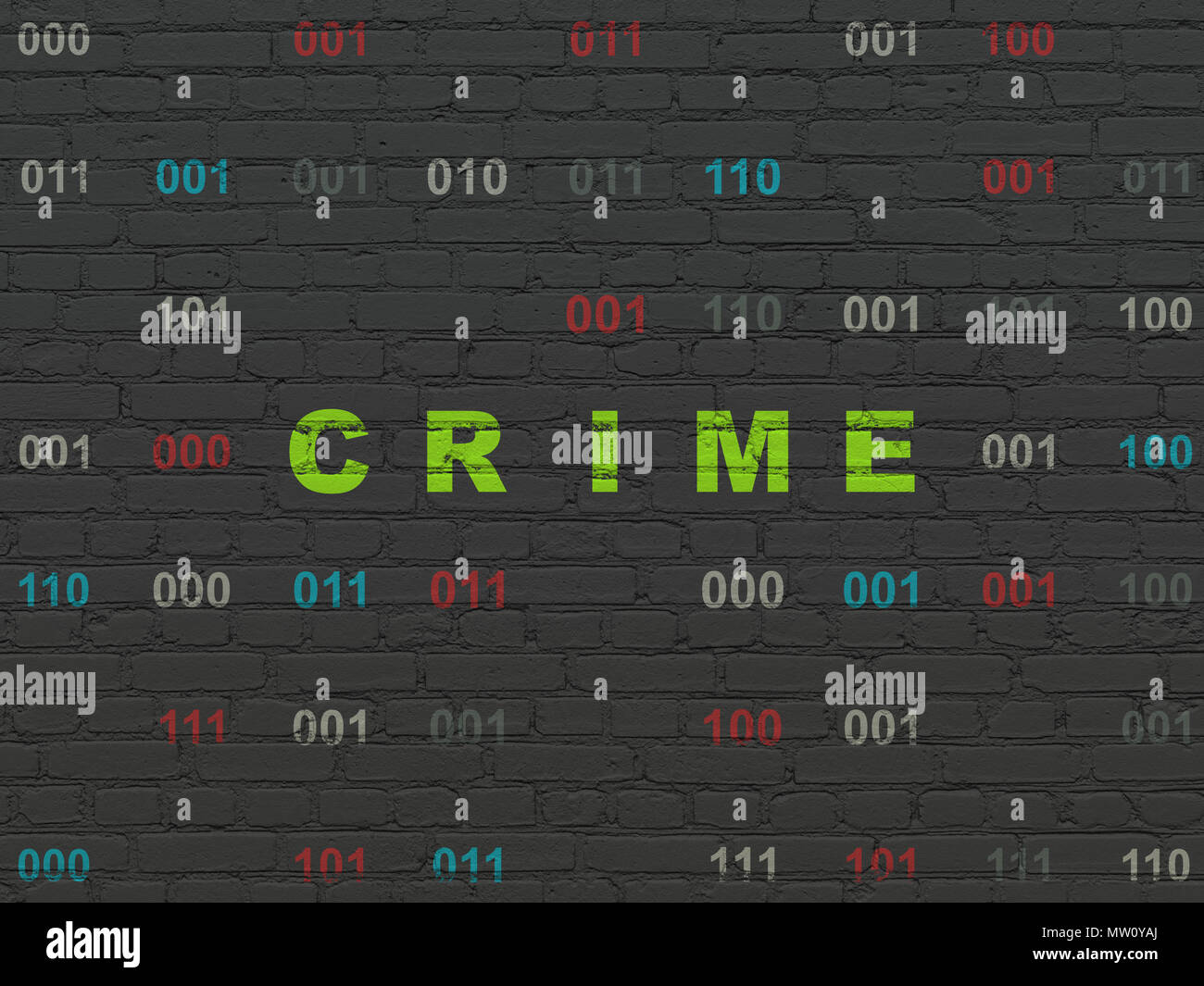 Security concept: Painted green text Crime on Black Brick wall background with Binary Code Stock ...