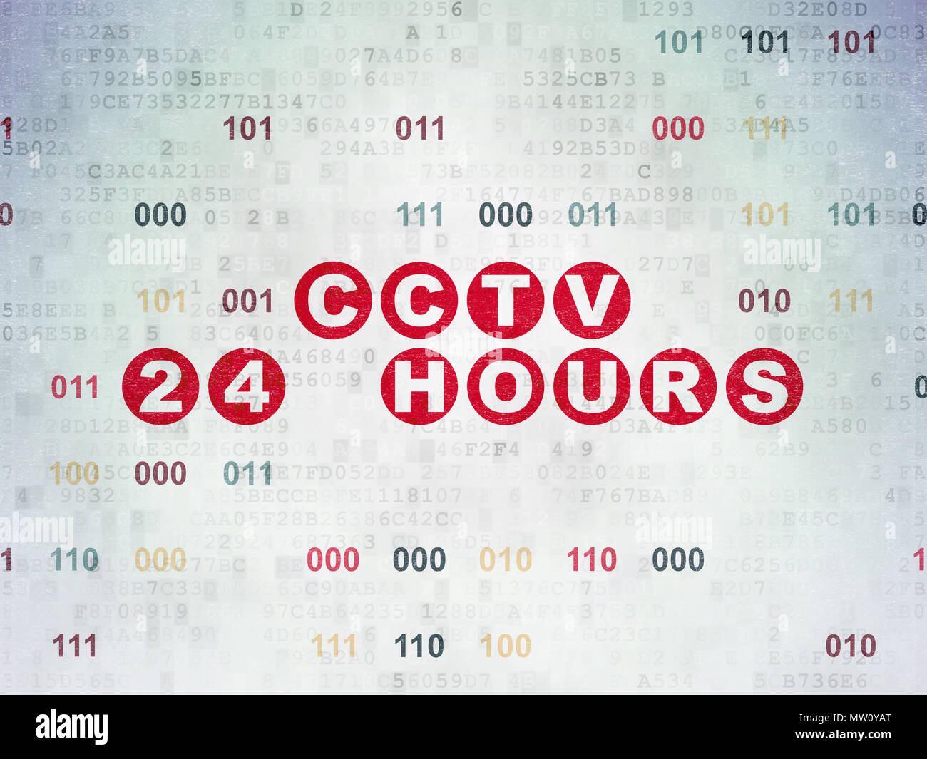 Security concept: Painted red text CCTV 24 hours on Digital Data Paper background with Binary ...