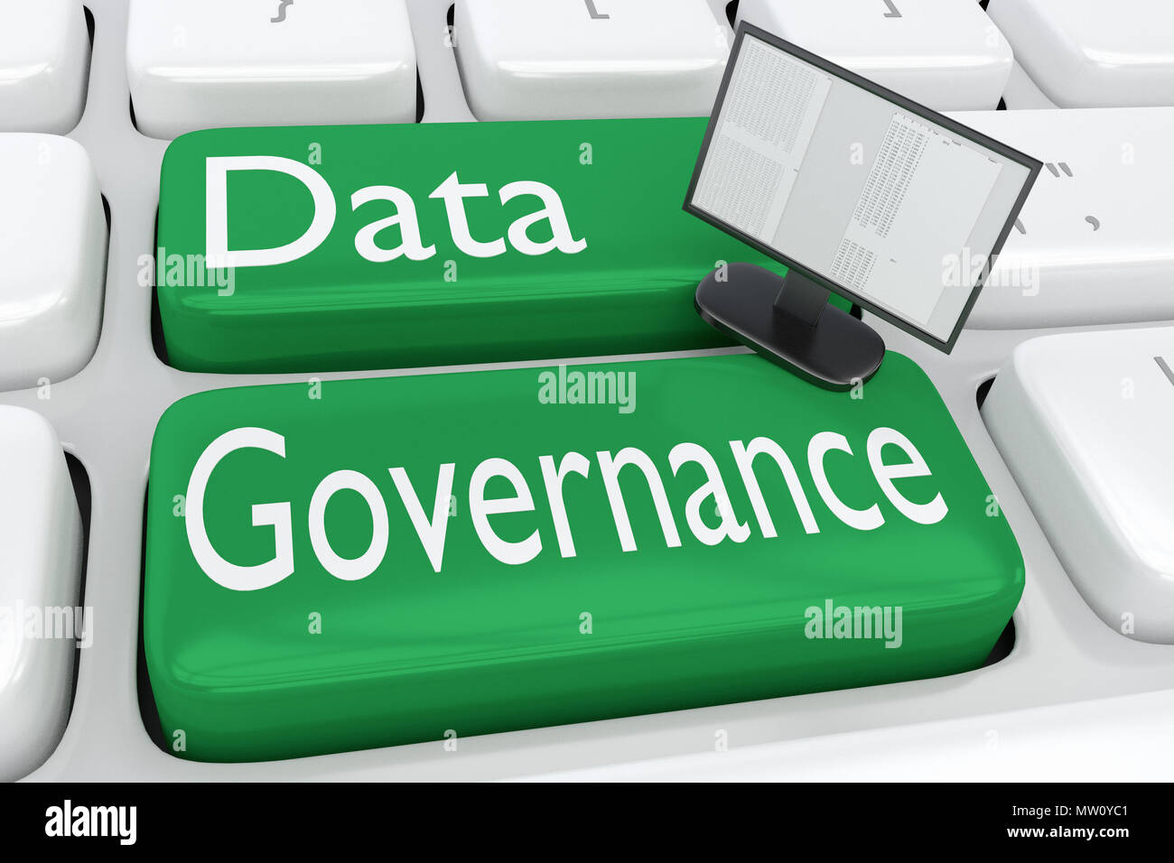 3D illustration of computer keyboard with the script Data Governance on two adjacent green ...