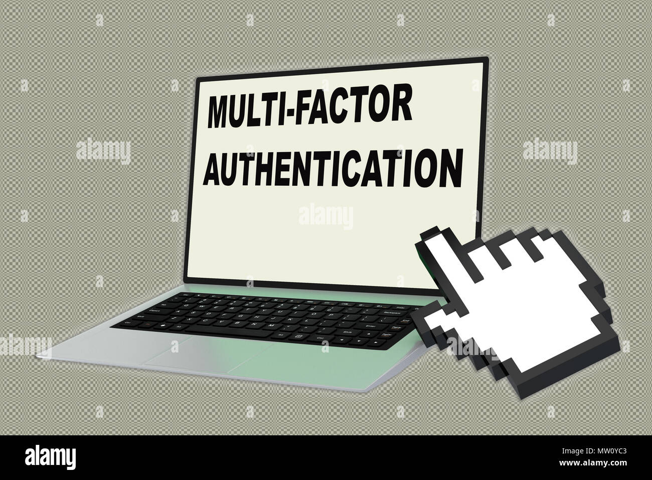 3D illustration of MULTI-FACTOR AUTHENTICATION script with hand icon ...