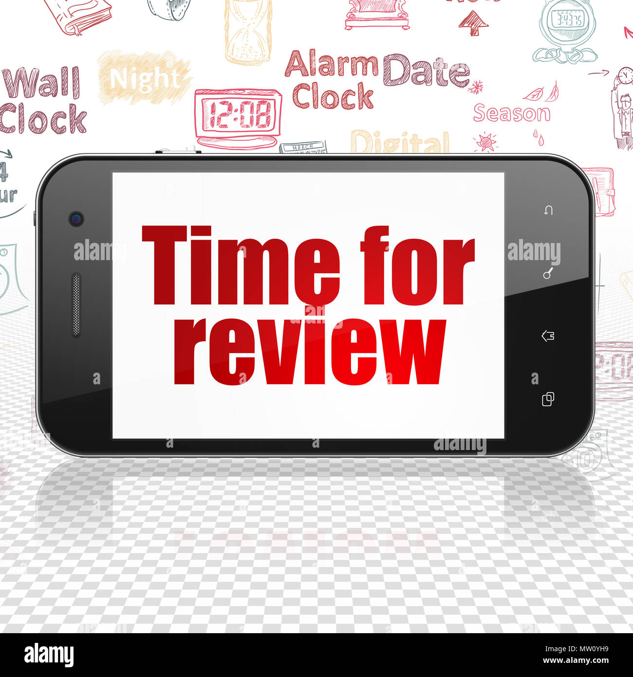 Timeline concept: Smartphone with red text Time for Review on display ...