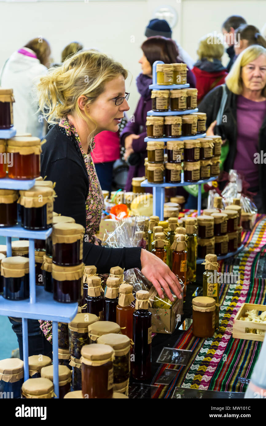 Home made jams, pickles, curds and chutneys on sale on a market stall ...