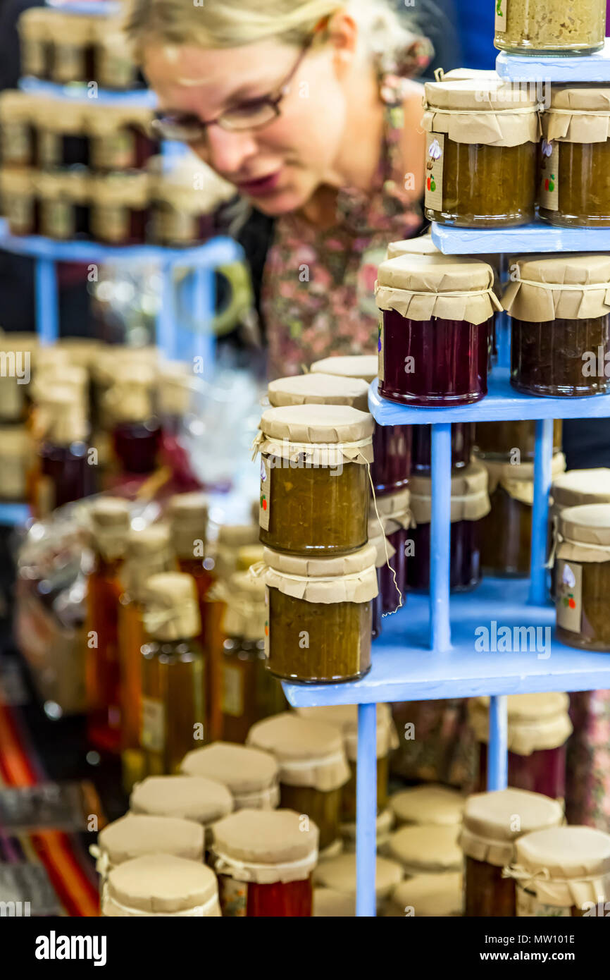 Home made jams, pickles, curds and chutneys on sale on a market stall ...