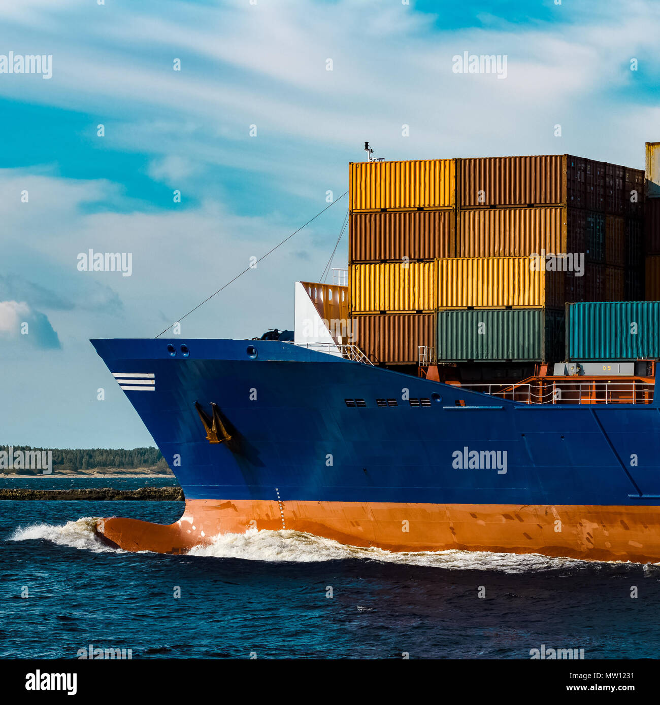 Blue container ship in travel. Logistics and freight industry Stock ...