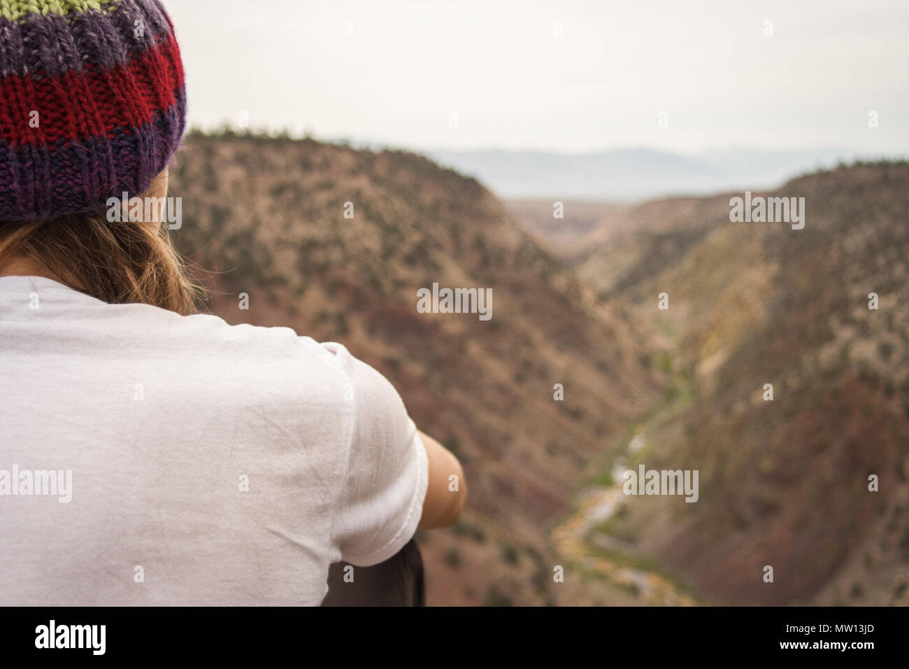 A man sitting on a cliff overlooking a valley in California Stock Photo ...