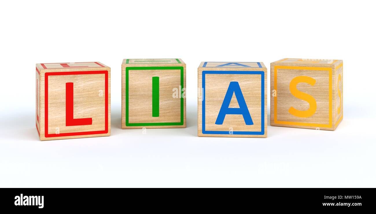 The name lias written with Isolated wooden toy cubes Stock Photo - Alamy