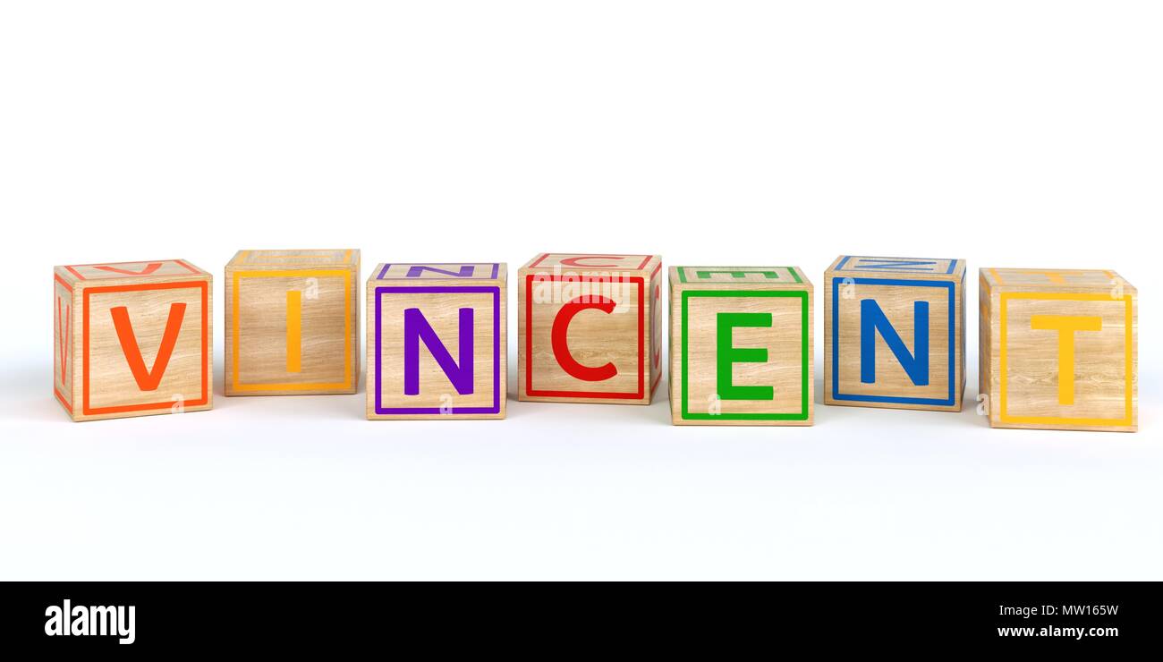 The name vincent written with Isolated wooden toy cubes Stock Photo - Alamy
