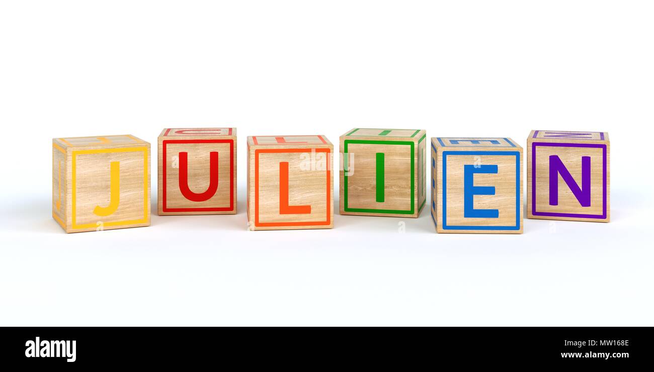 The name julien written with Isolated wooden toy cubes Stock Photo - Alamy