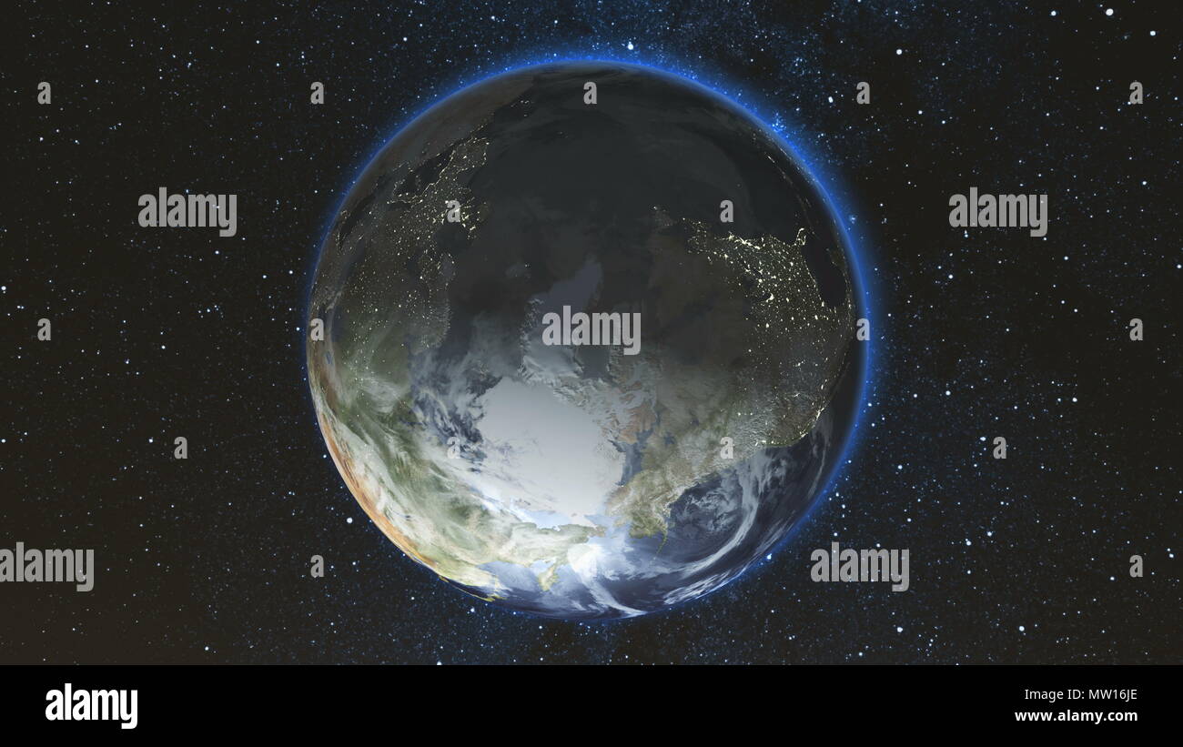 Realistic Earth Planet, rotating on its axis in space against the ...