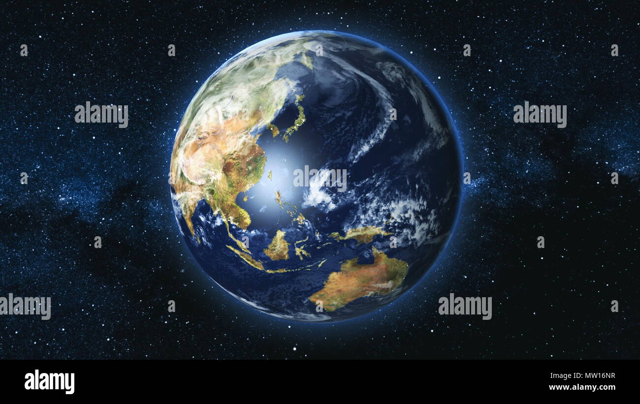 Realistic Earth Planet, rotating on its axis in space against the ...