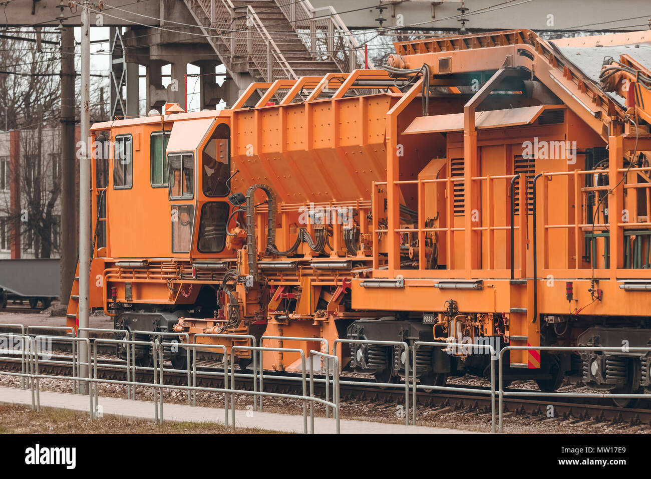 Ballast distributing and profiling track machine. Repair train Stock ...