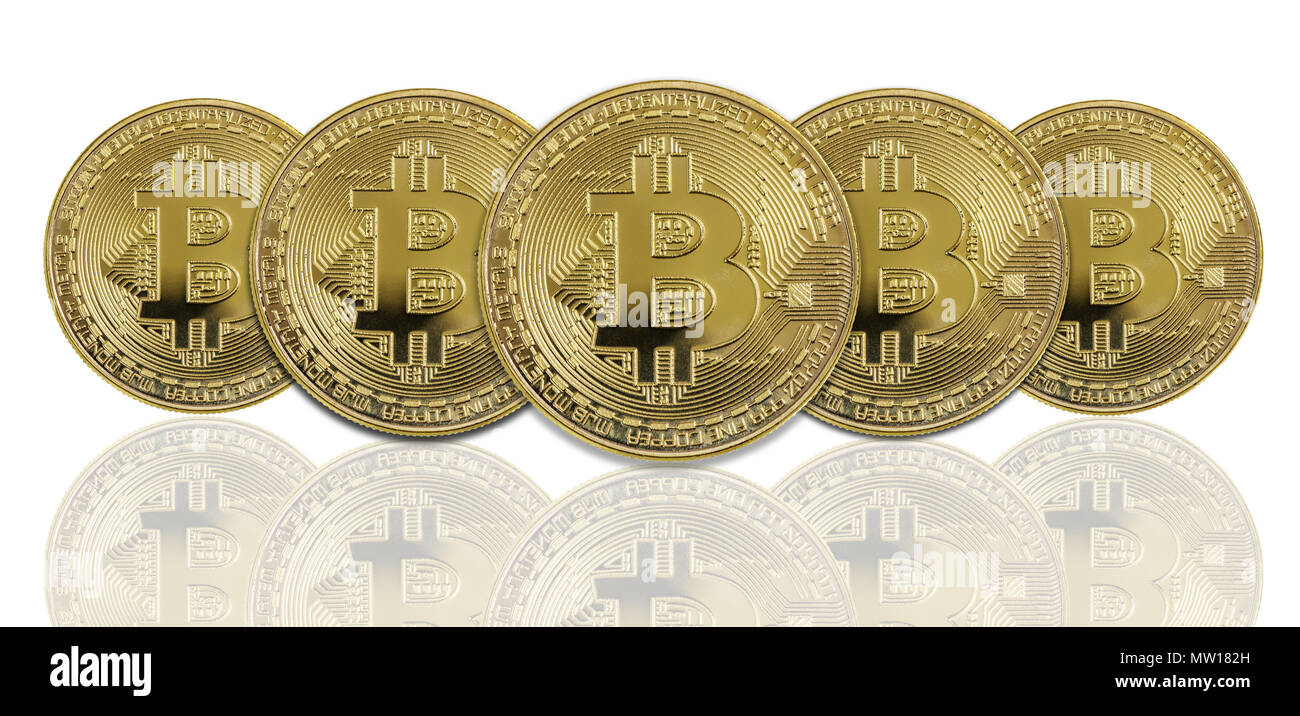 Several symbolic golden coins of bitcoin crypto currency, new digital ...