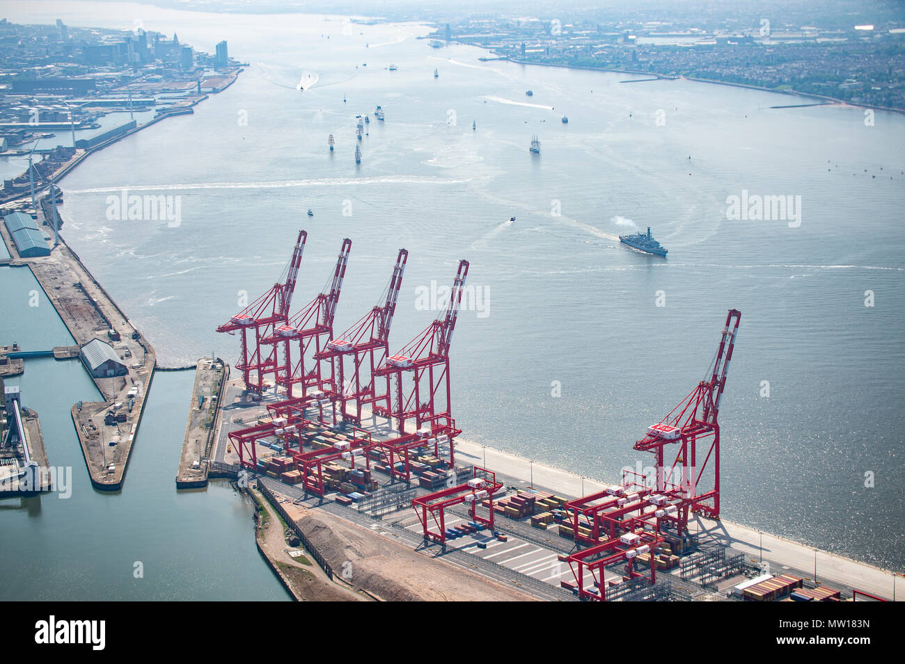 Aerial photo of tall ships leaving Liverpool on River Mersey Stock ...