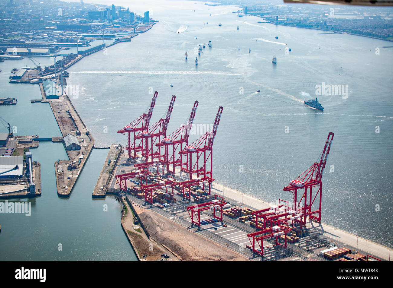 Aerial photo of tall ships leaving Liverpool on River Mersey Stock ...
