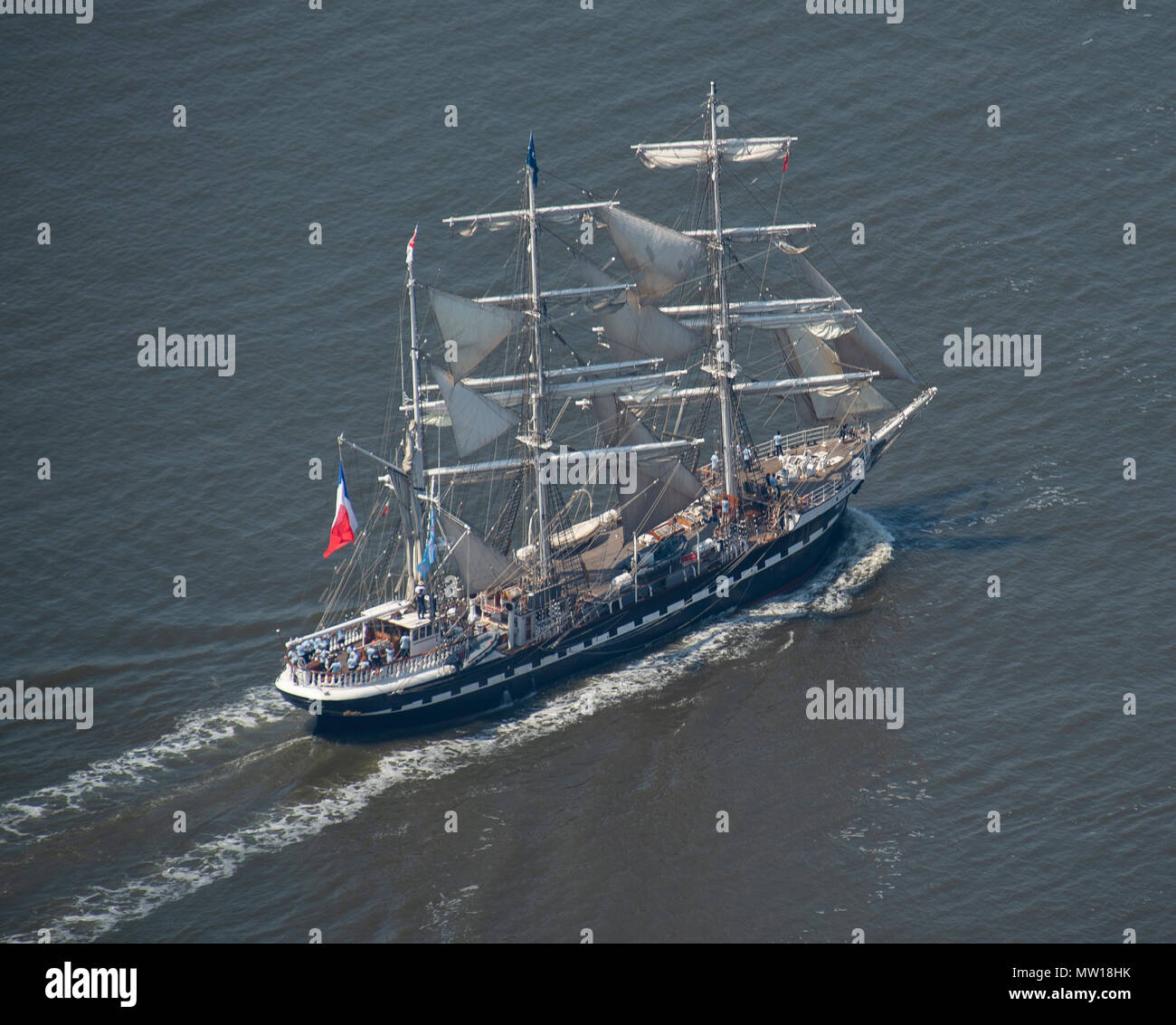Aerial photo of three masted tall ship Stock Photo - Alamy