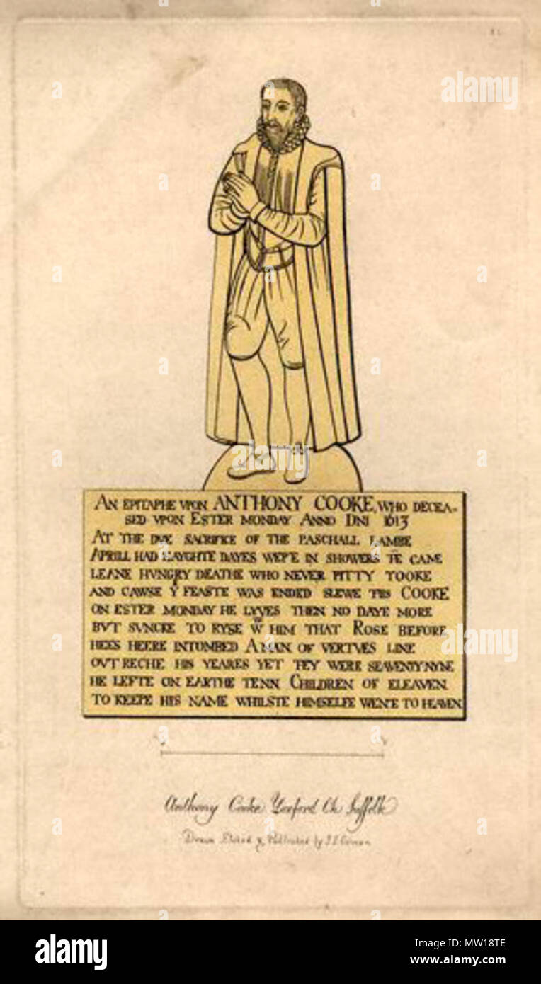 . English: Etching depicting funerary monument to Anthony Cooke (1504 ...
