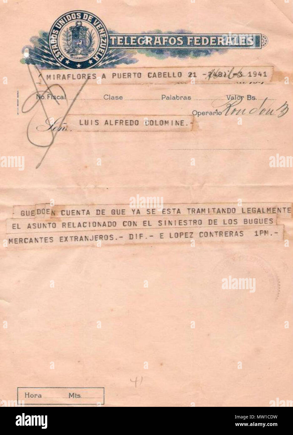 . Español: Telegrama de Venezuela en viado por el presidente Eleazar ...