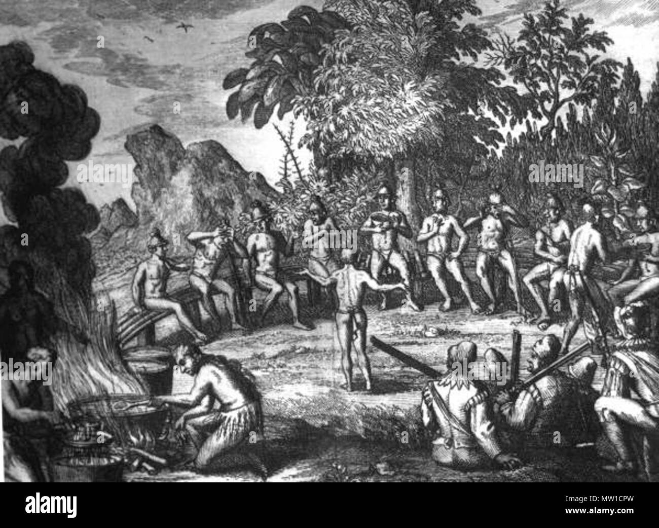 513 Rc11024 Timucua Indians at a feast drawing possibly by Le Moyne de ...