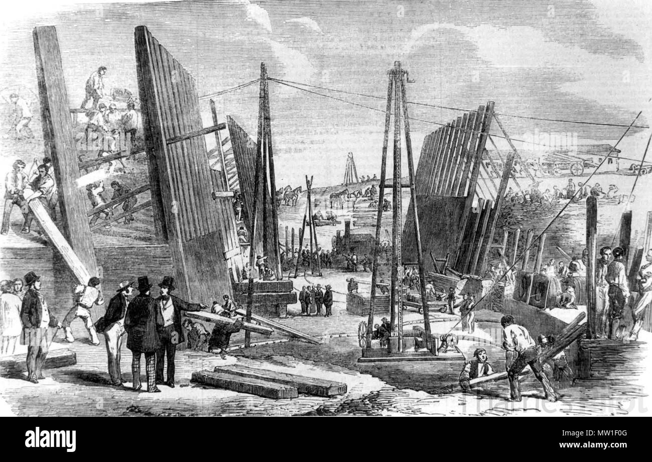 . English: The building of Victoria docks, 1854 . 1854. Illustrated ...