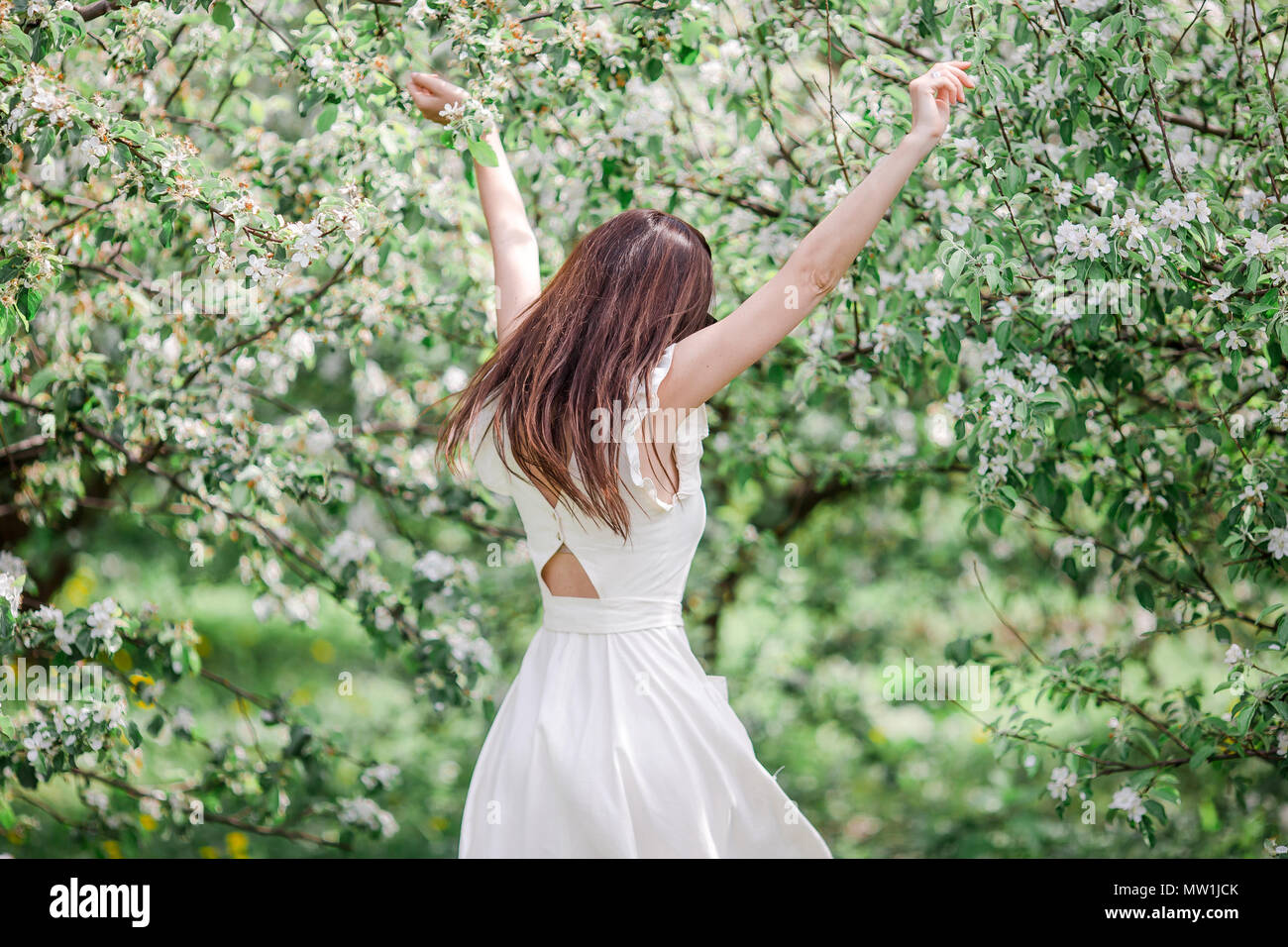 Beautiful woman enjoying smell in spring cherry garden Stock Photo - Alamy