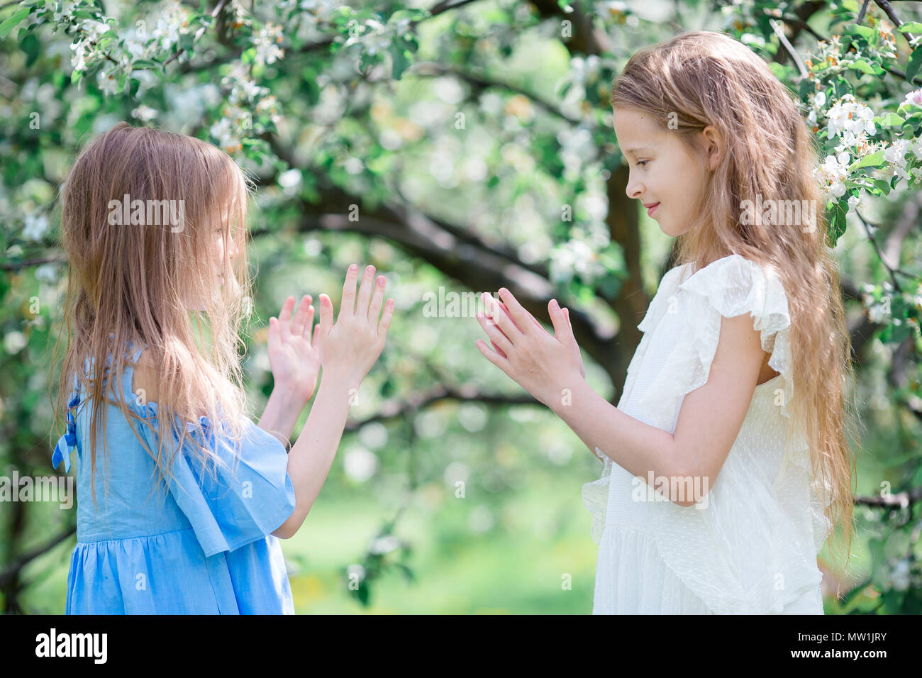 Adorable little girls in blooming apple tree garden on spring day Stock Photo - Alamy