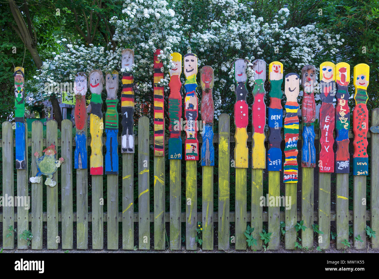 Garden fence decorated with painted wooden figures, Bavaria, Germany ...