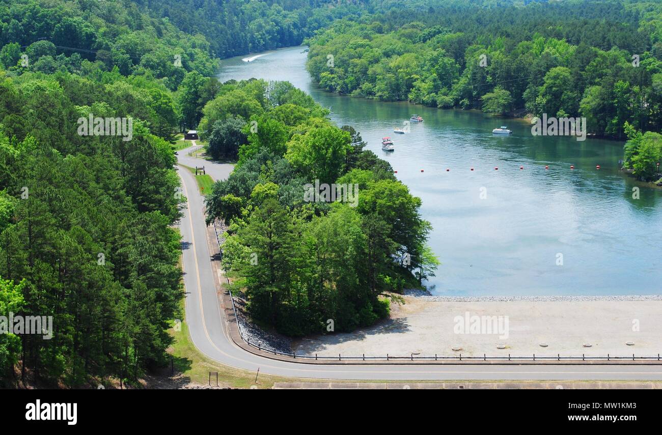 Scenic Aerial View Overlooking A Curvy Road And Beautiful Blue River ...