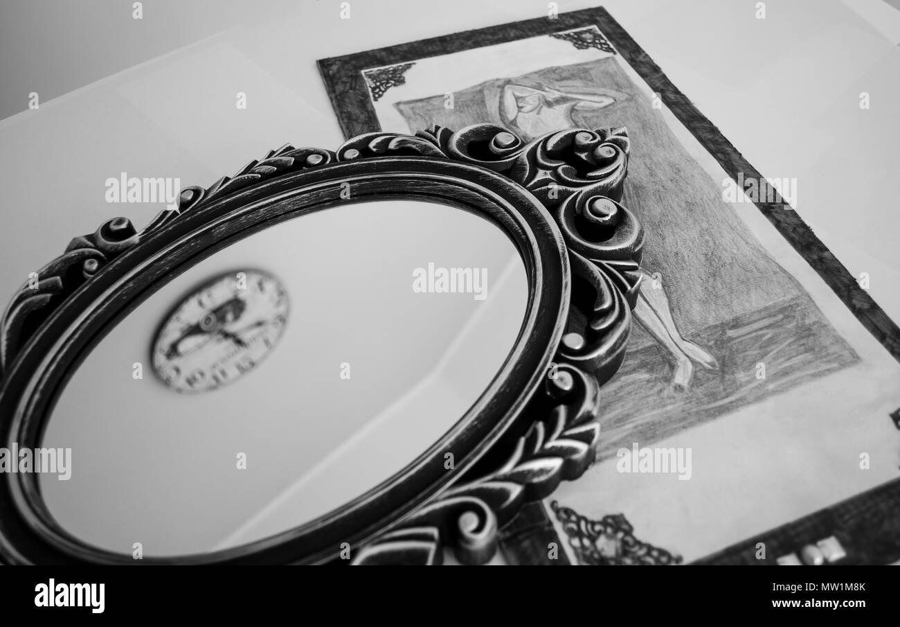 Antique mirror on the pencil drawing with the clock in the mirror's ...