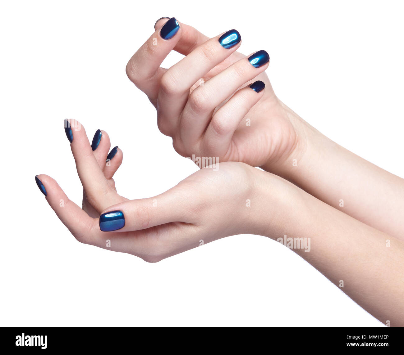 Female fingers with shiny blue nails manicure. Girl's hands isolated on ...
