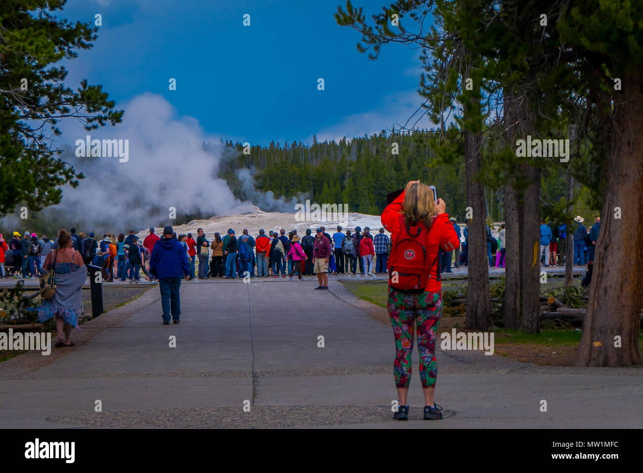 YELLOWSTONE, MONTANA, USA MAY 24, 2018: Outdoor view of crowd of ...