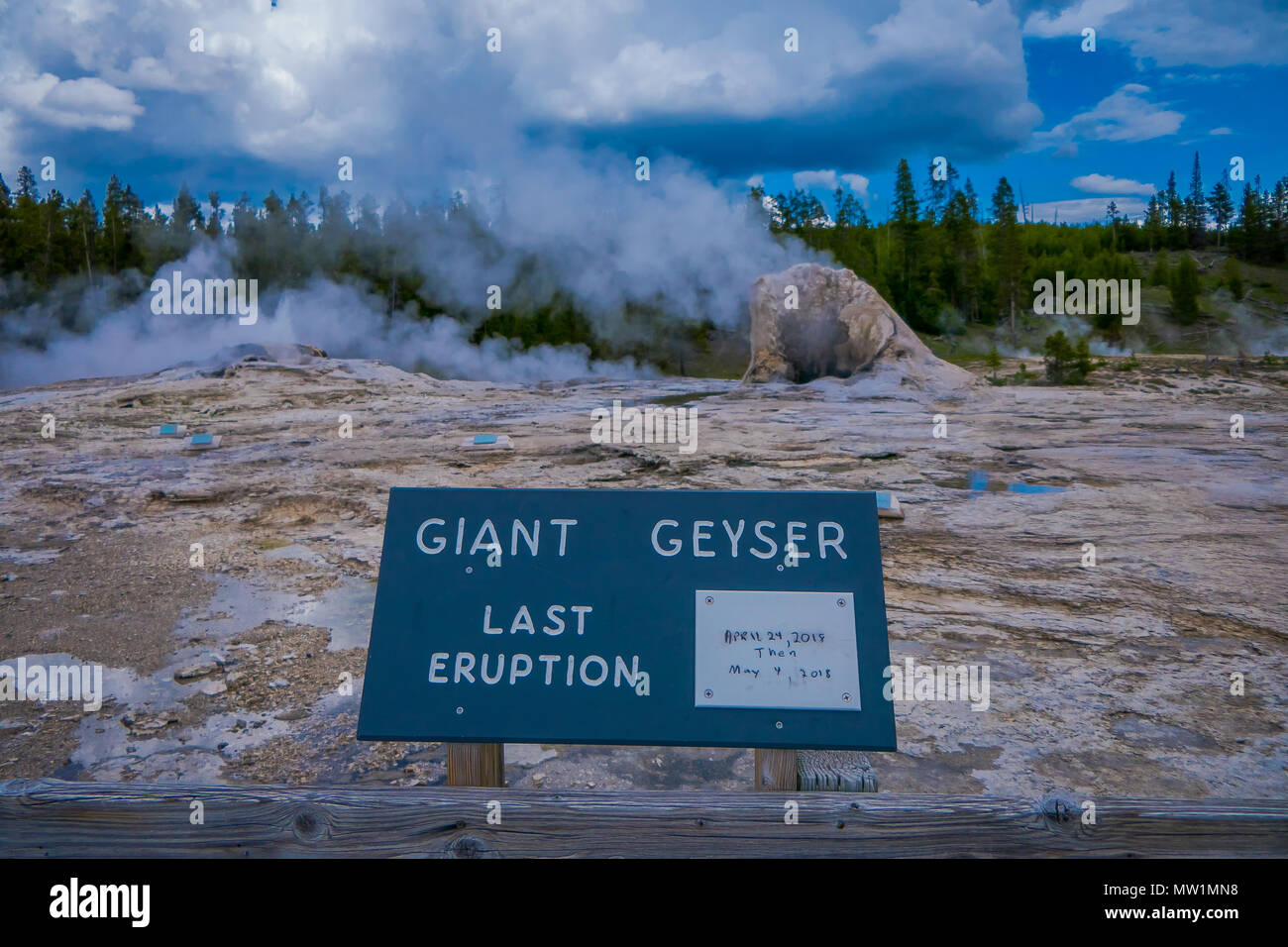 YELLOWSTONE, MONTANA, USA MAY 24, 2018: Informative sign of Giant ...