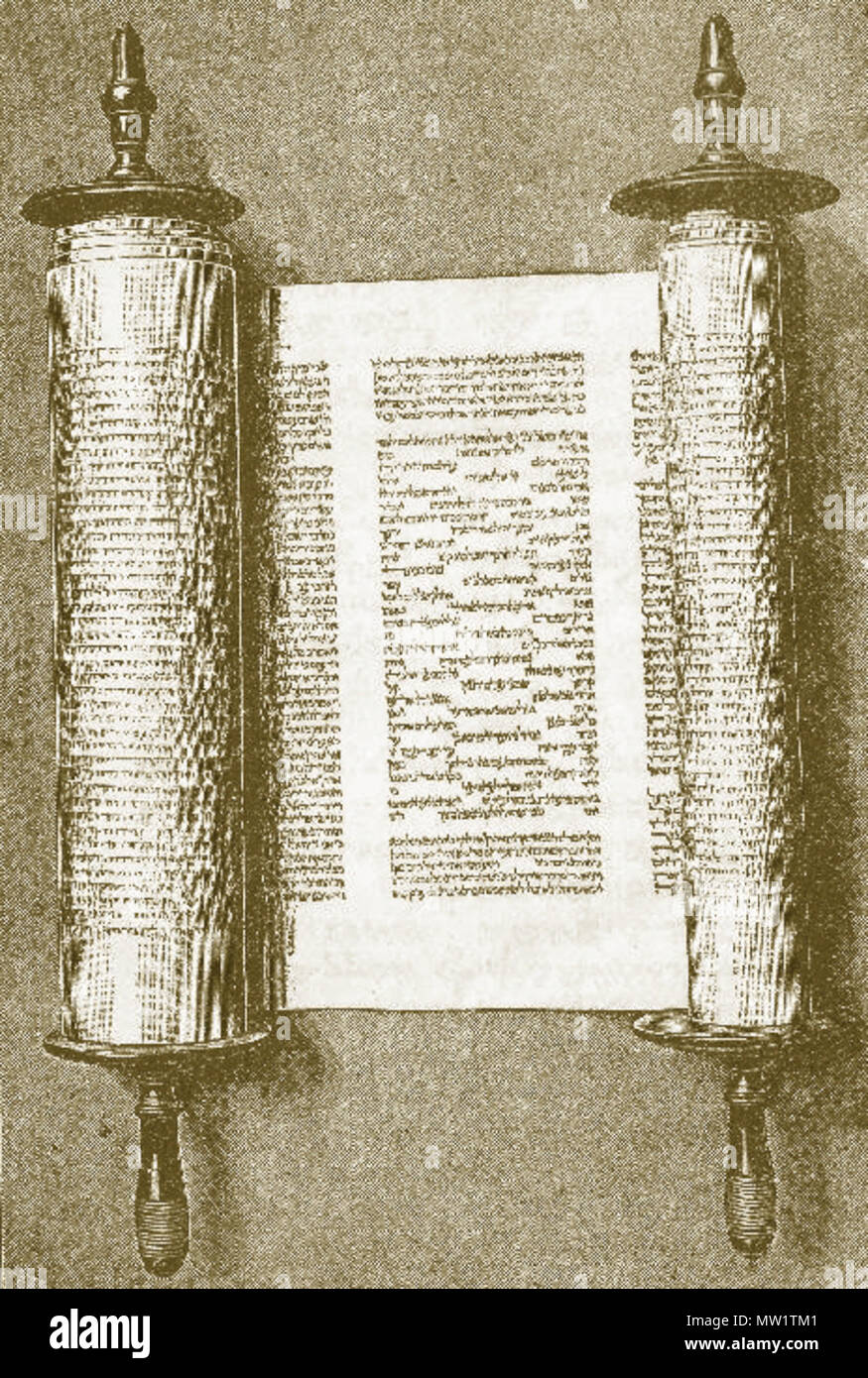 . An engraving of a scroll of the Penteteuch in Hebrew characters ...