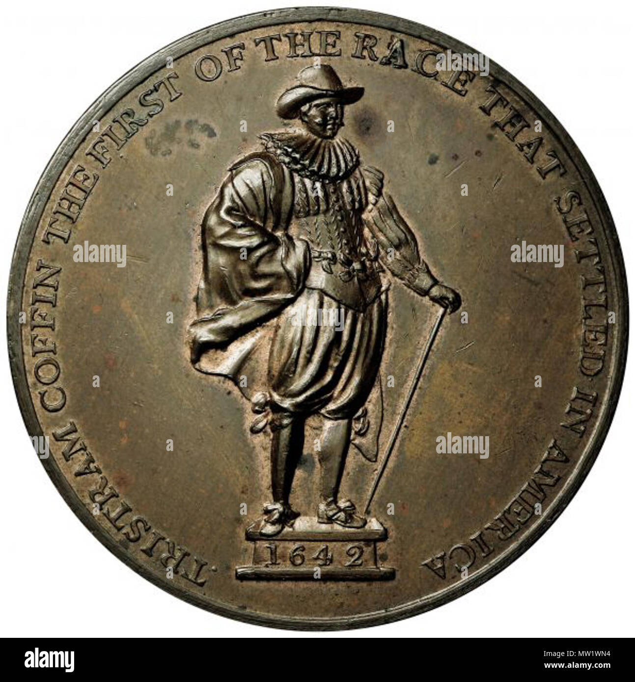 . English: 1827 medal depicting Tristram Coffin (1605-1681), pioneer Nantucket settler . 1827 ...