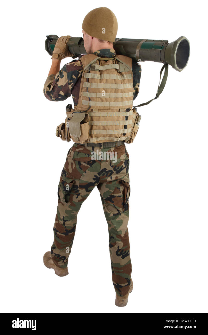 Private Military Company operator with AT4 rocket launcher isolated on ...
