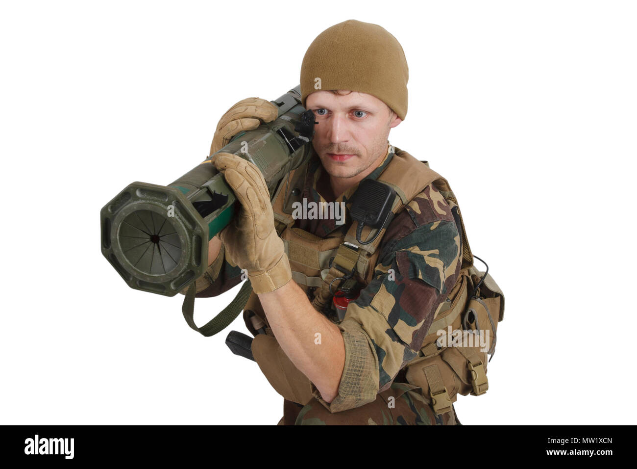 Private Military Company operator with AT4 rocket launcher isolated on ...