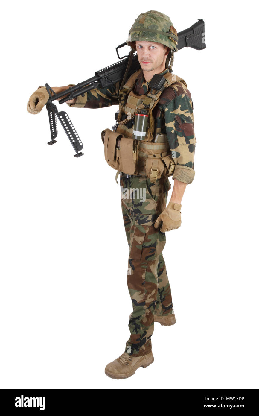 Private Military Company operator with machine gun on white background ...