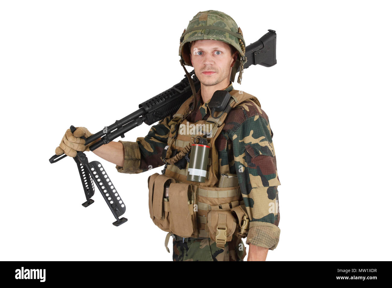 Private Military Company operator with machine gun on white background ...