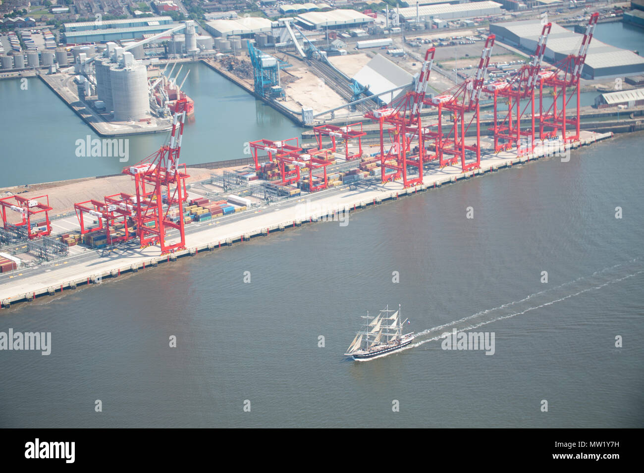 Aerial photo of tall ships leaving Liverpool on River Mersey Stock ...