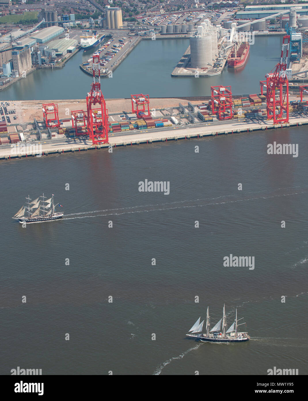 Aerial photo of tall ships leaving Liverpool on River Mersey Stock ...