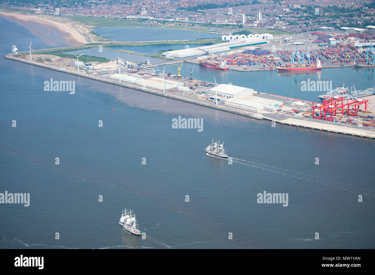 Aerial photo of tall ships leaving Liverpool on River Mersey Stock ...