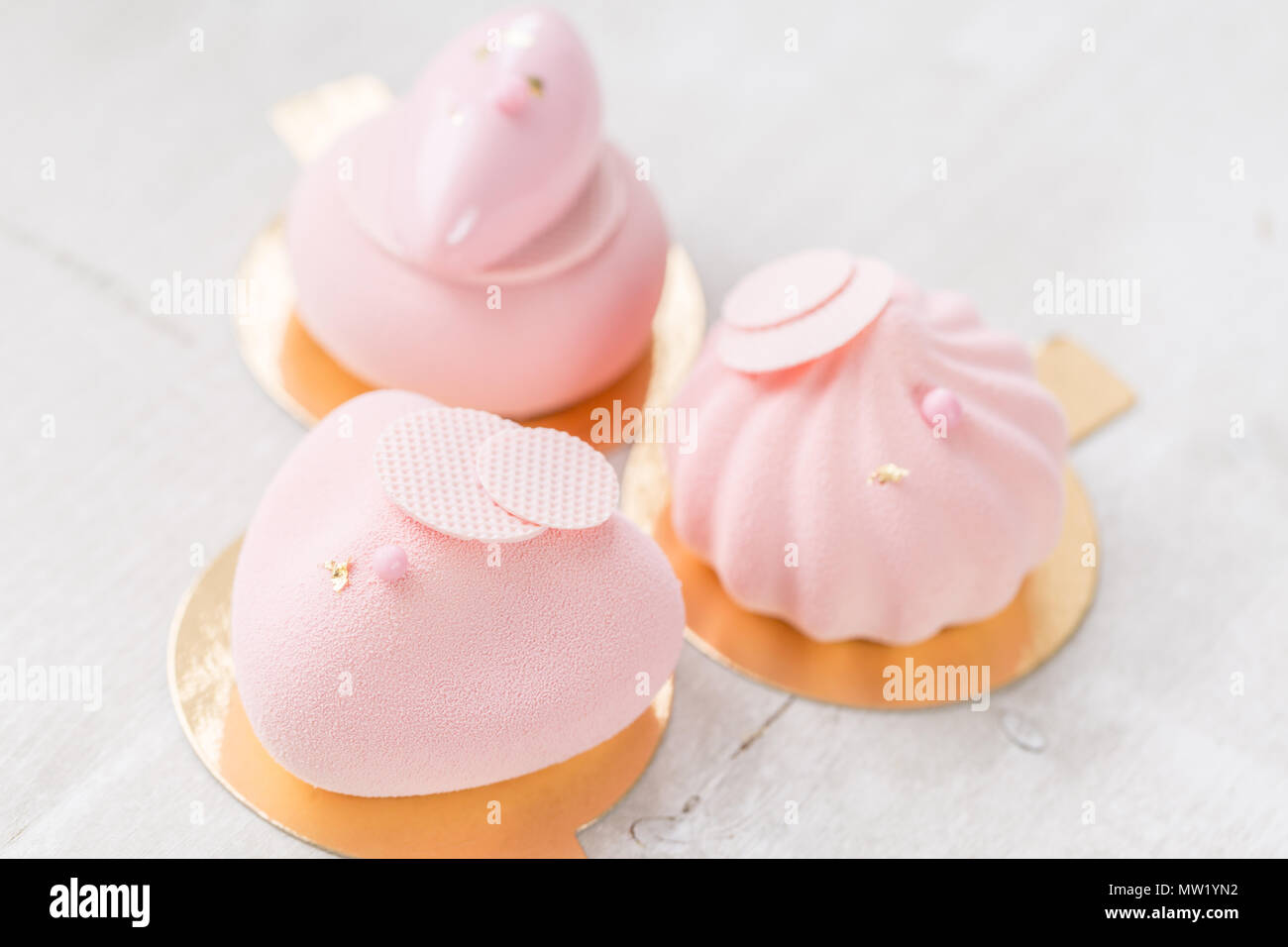 Pink mousse-cake. French dessert and flowers eucalyptus on a white ...