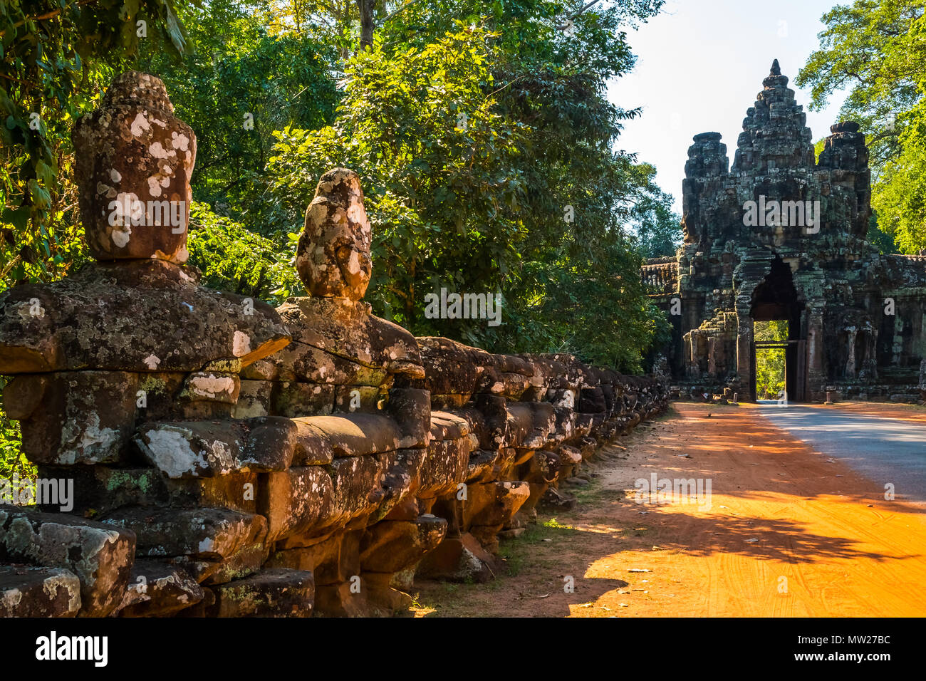 Antient Bridge with old statues in Angkor Wat complex, Cambodia Stock ...
