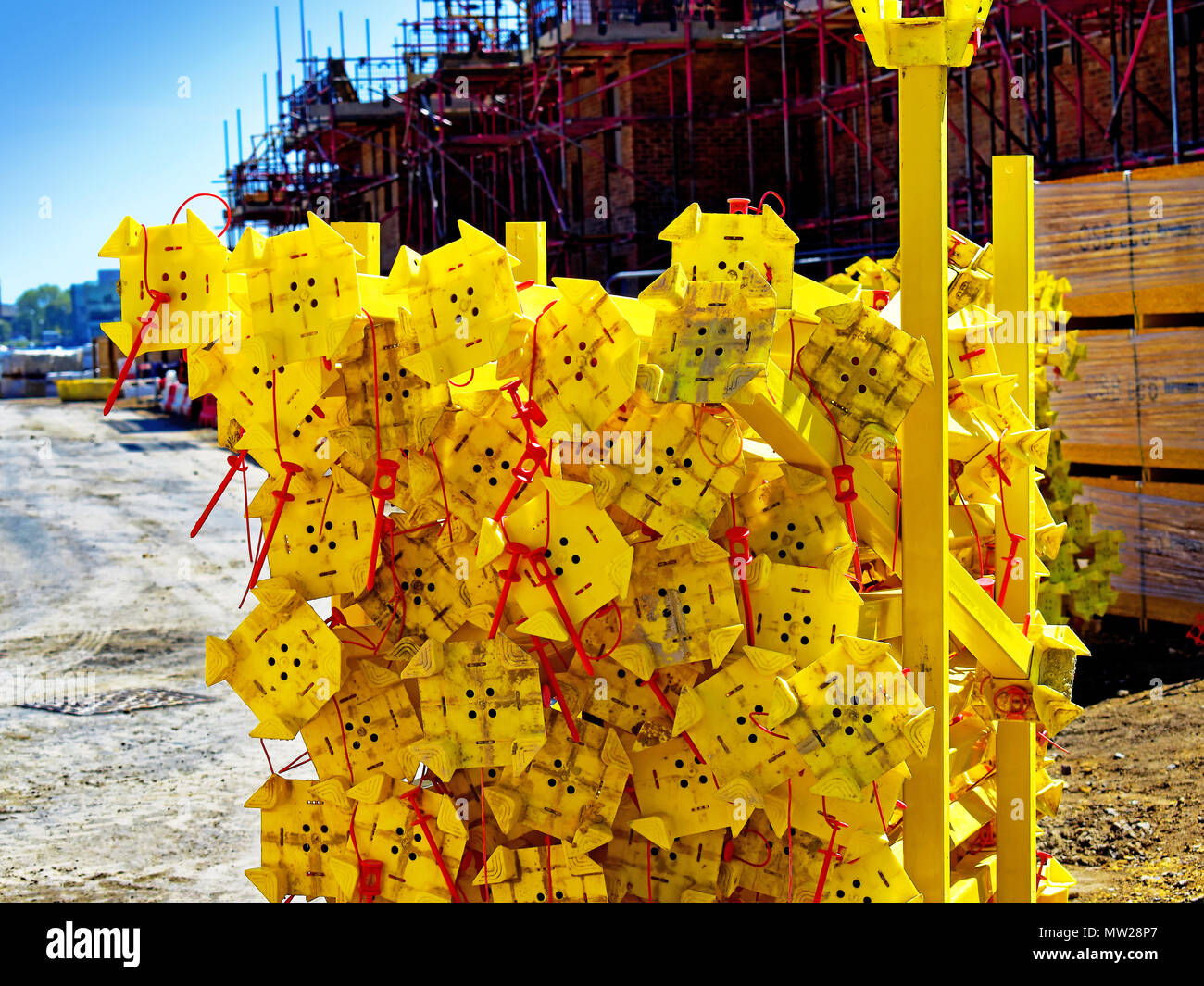 Yellow plastic building site support prop material North Shields Stock ...