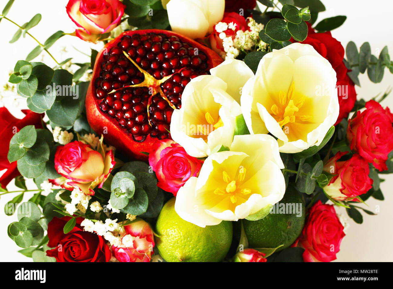 Bouquet with fruit and flowers, amazing composition Stock Photo - Alamy