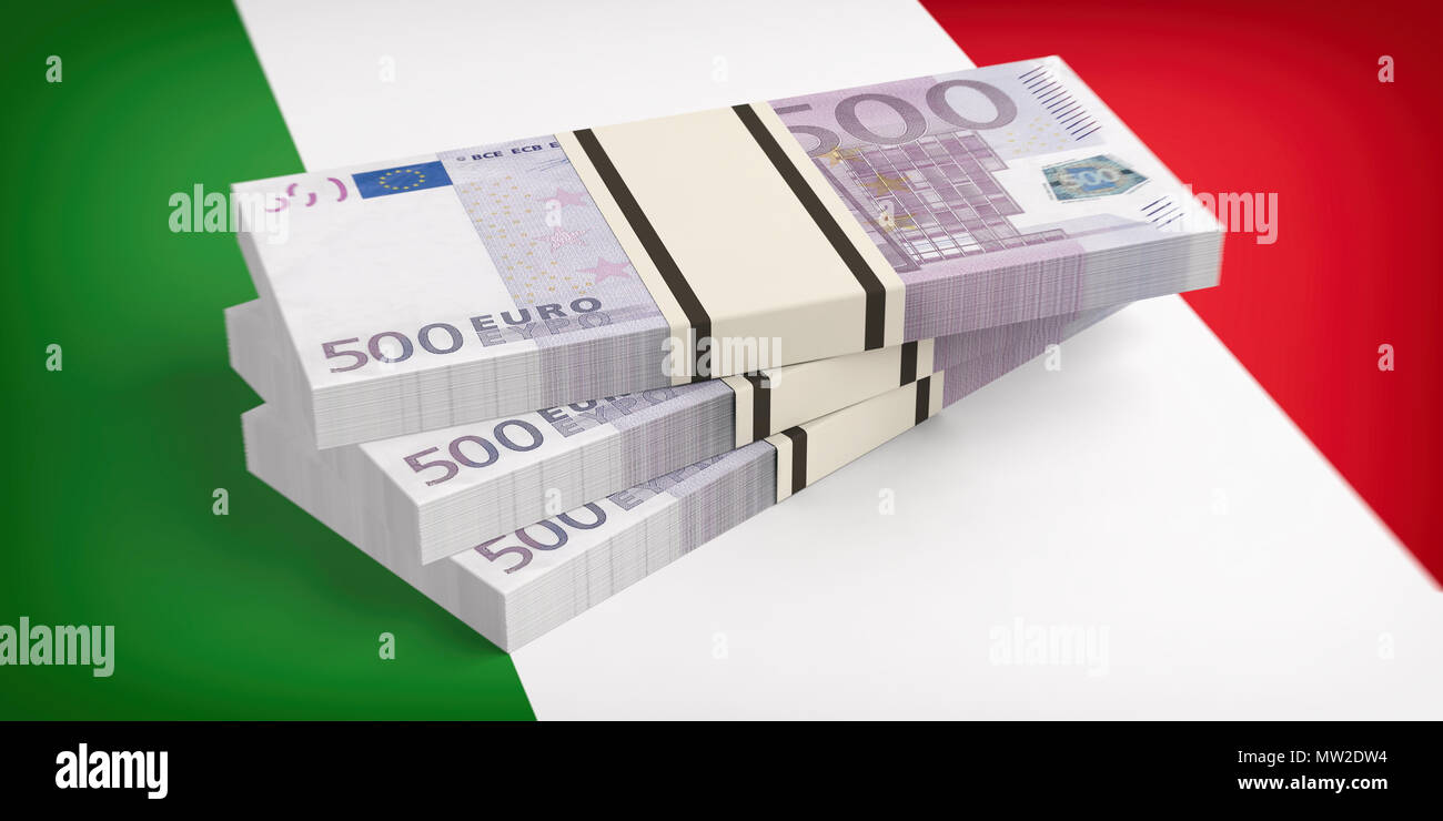 Italy, economy crisis. Euro banknotes on Italy flag. 3d illustration ...