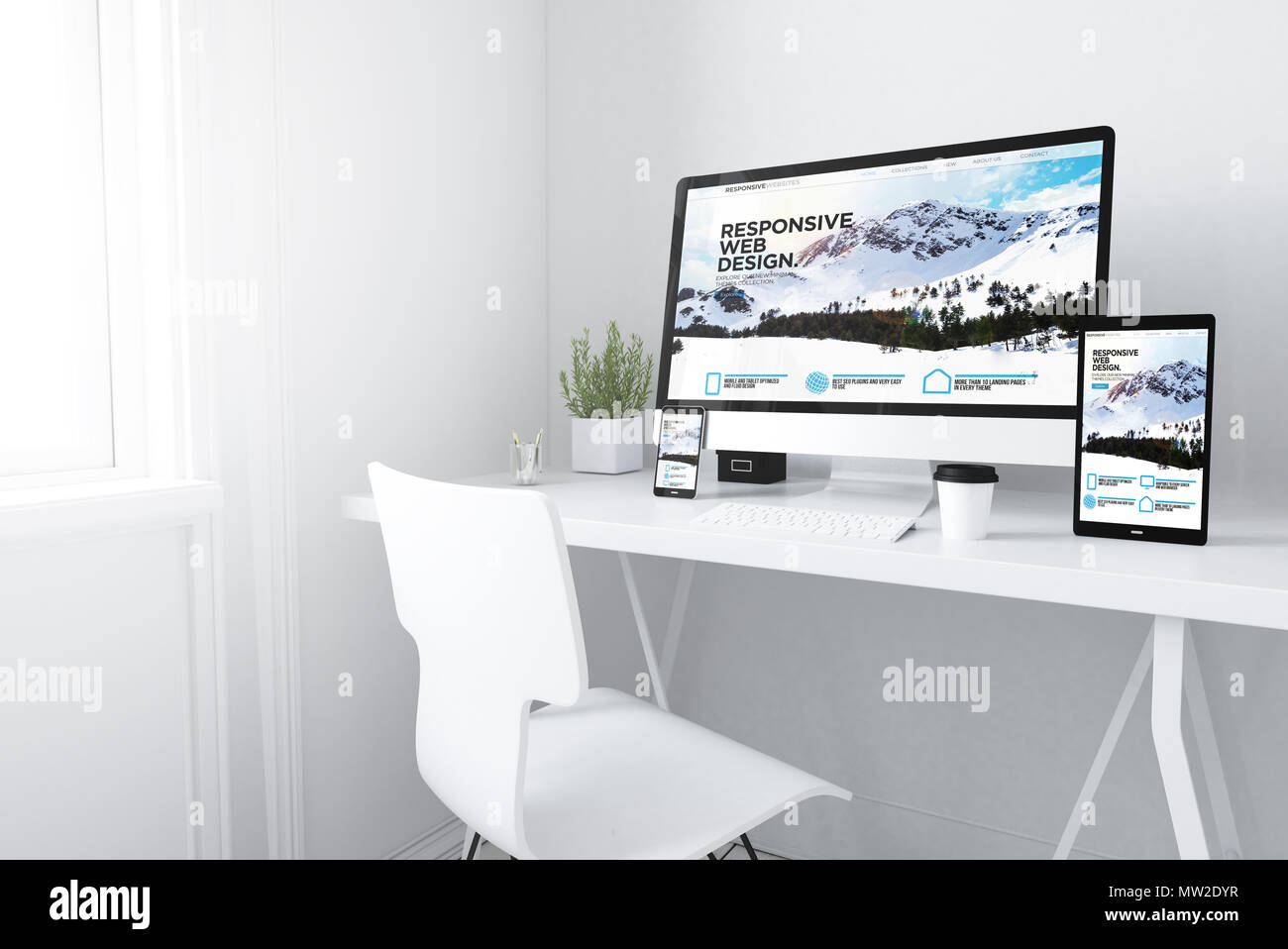 3d rendering of devices on desktop. responsive website home on screens ...