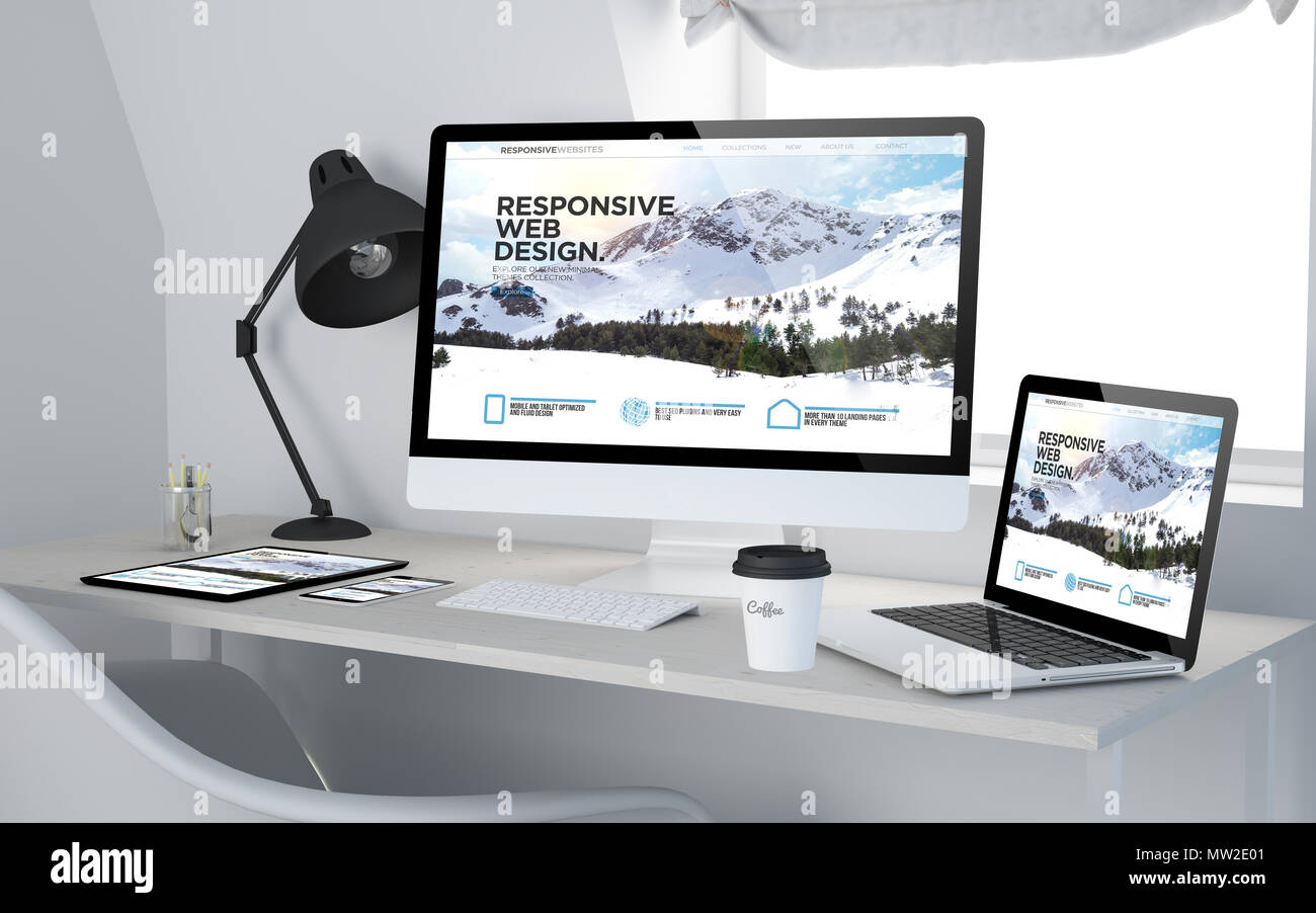 3d rendering of workroom with responsive devices showing website cool ...