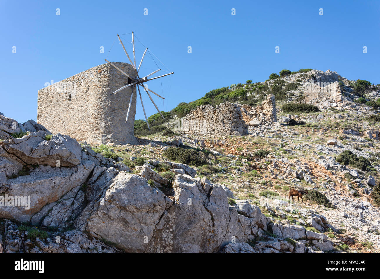 Old stone windmill at entrance to Lasithi Plateau, Kriti (Crete ...