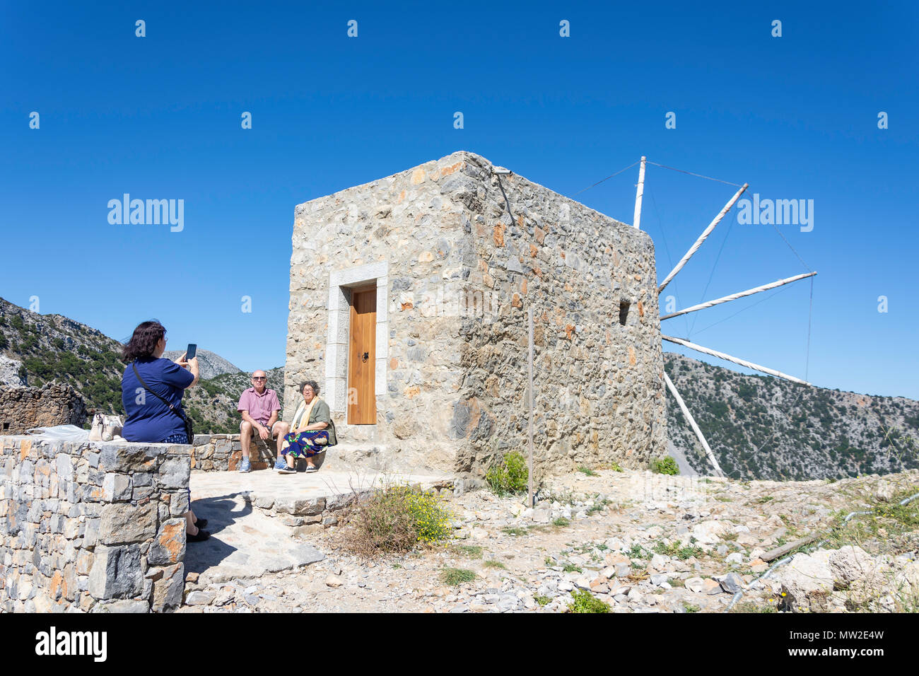 Old stone windmill at entrance to Lasithi Plateau, Kriti (Crete ...