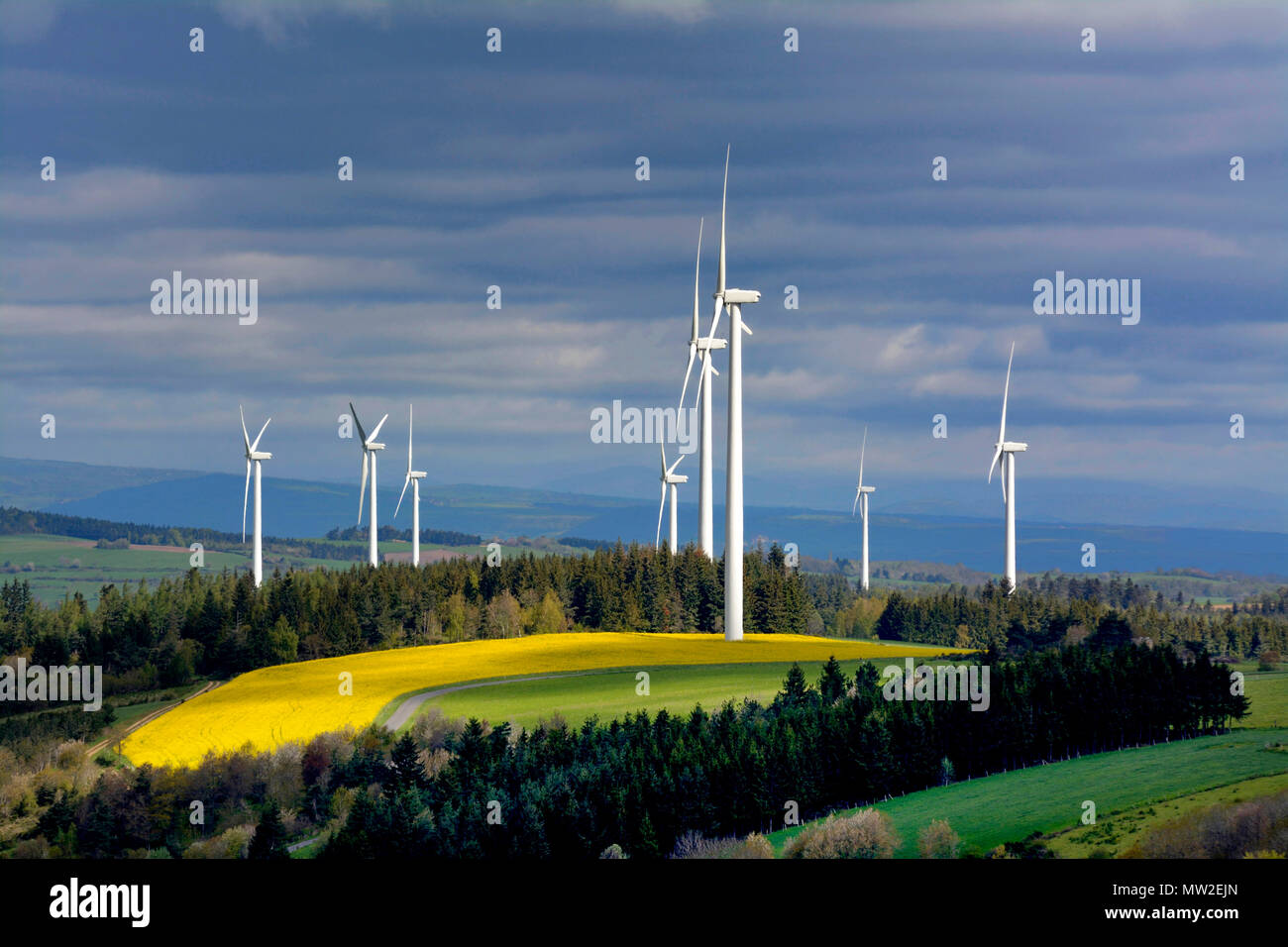 Wind turbines . Ally Mercoeur windfarm. Haute Loire. Auvergne. France ...